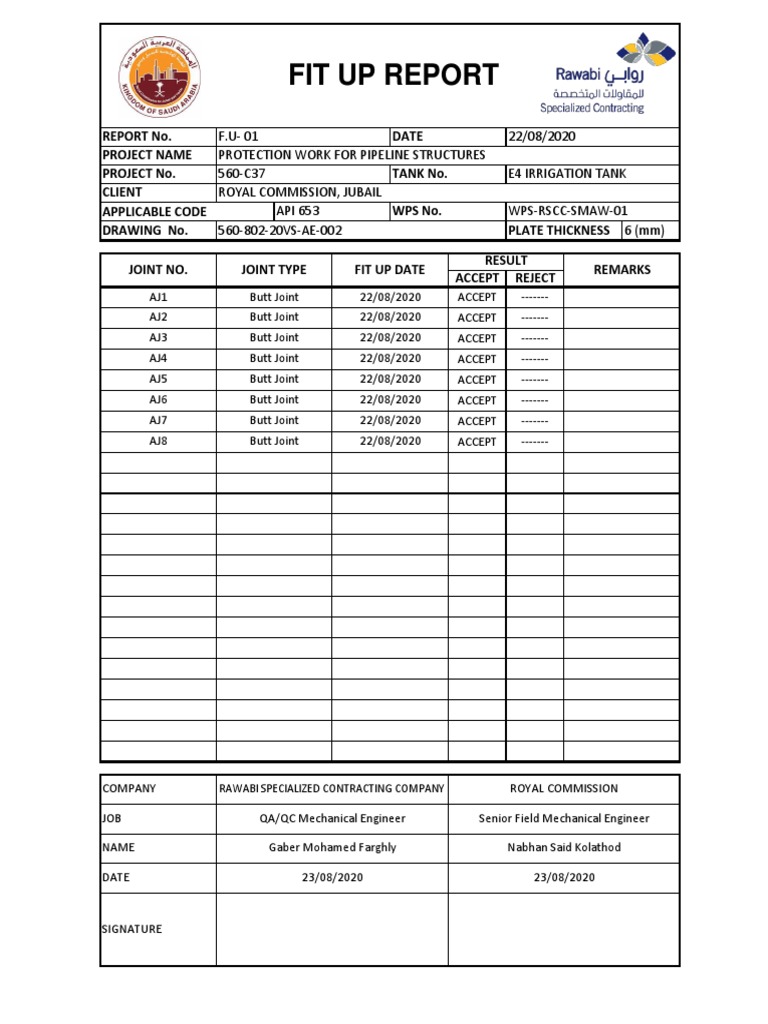 Fit Up Report: Project Name Project No. Tank No. Report No. Date | PDF