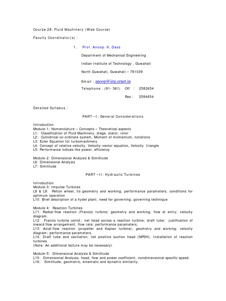 Fluid Machinery Course Syllabus | PDF | Turbine | Pump