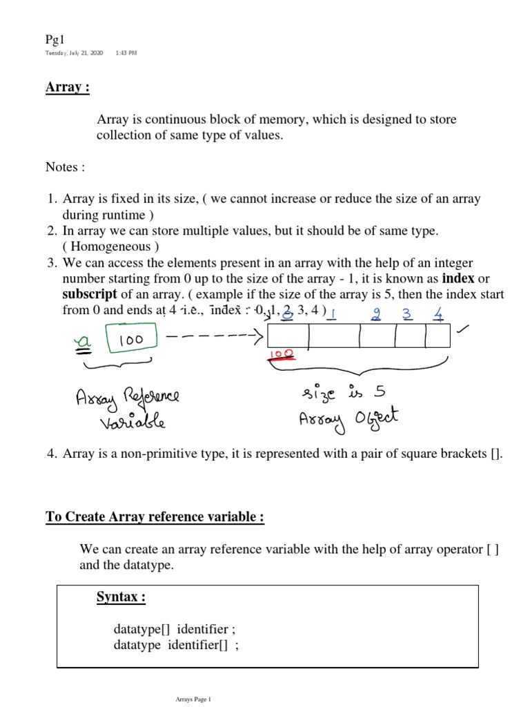 Array:: Tuesday, July 21, 2020 1:43 PM | PDF | Variable (Computer Science) | Array Data Type