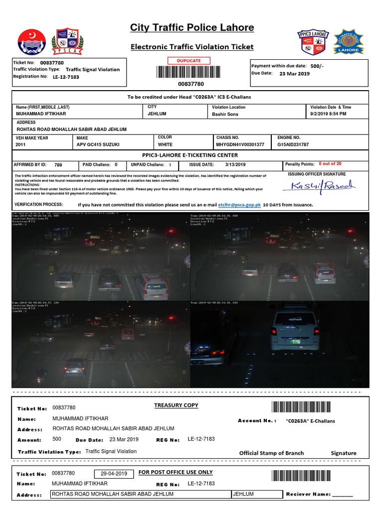City Traffic Police Lahore: Electronic Traffic Violation Ticket | PDF ...