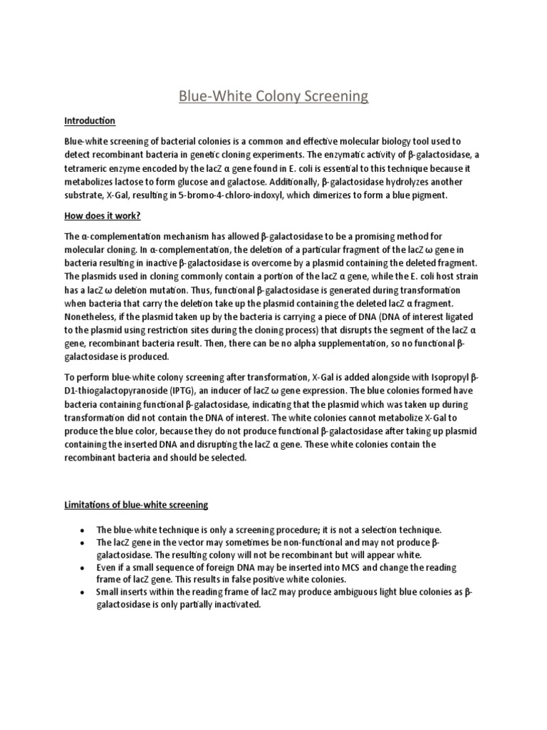 Blue-White Colony Screening | PDF | Molecular Biology | Biotechnology