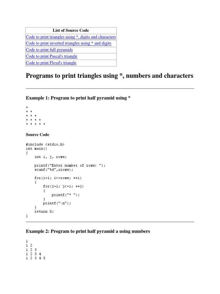 Programs To Print Triangles Using, Numbers and Characters | PDF | Control Flow | Elementary ...
