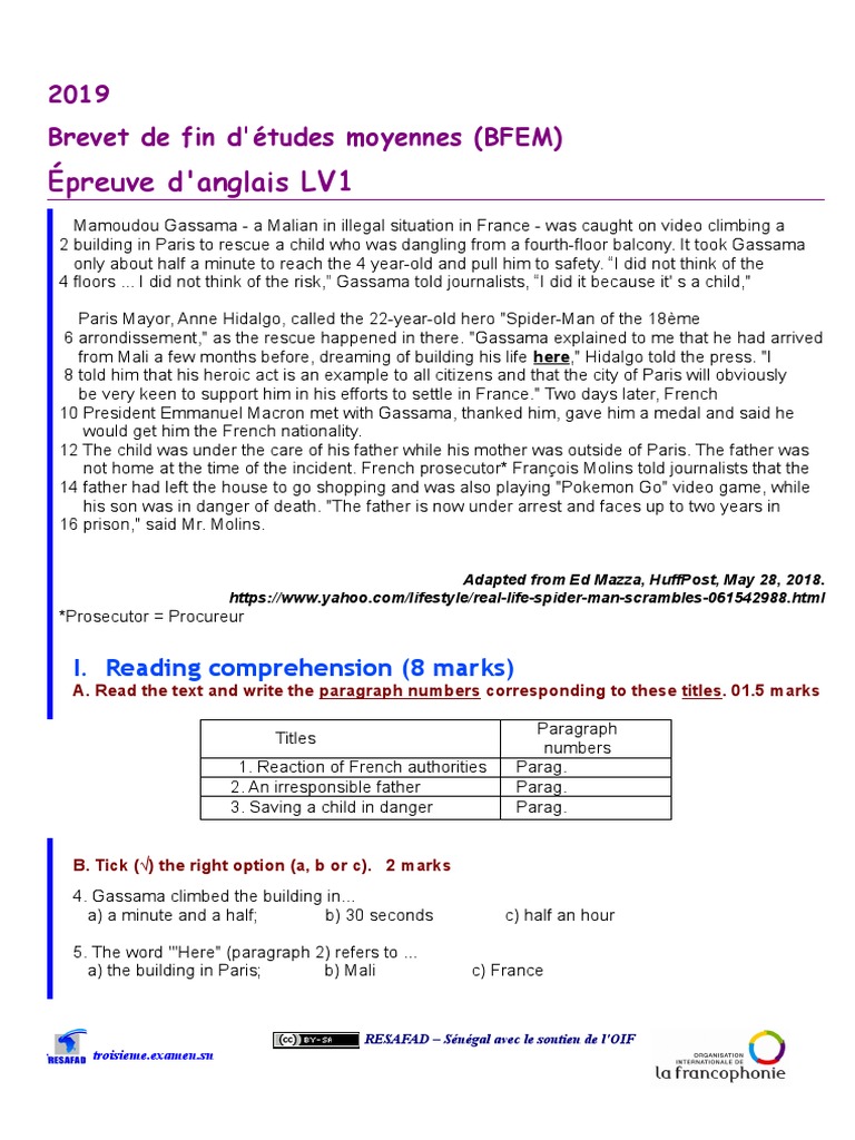 Épreuve D'anglais LV1: 2019 Brevet de Fin D'études Moyennes (BFEM) | PDF | Violence