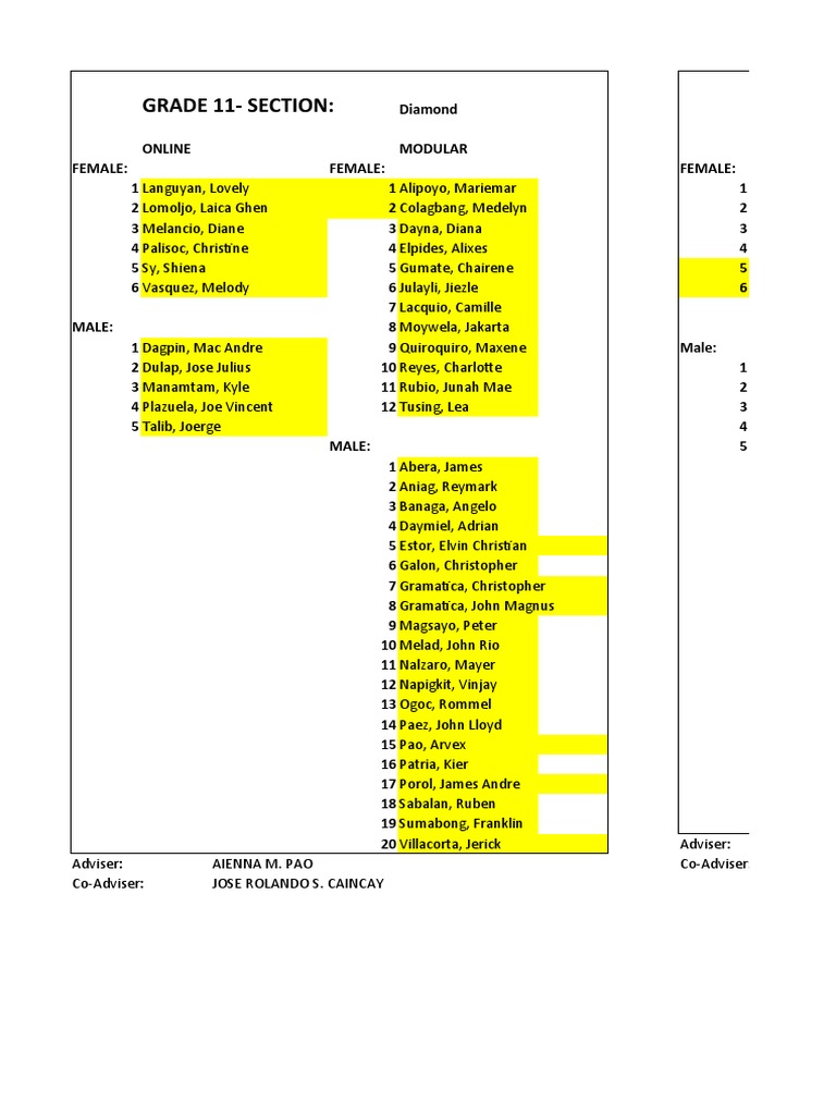 Grade 11 Student List: Diamond & Jade | PDF