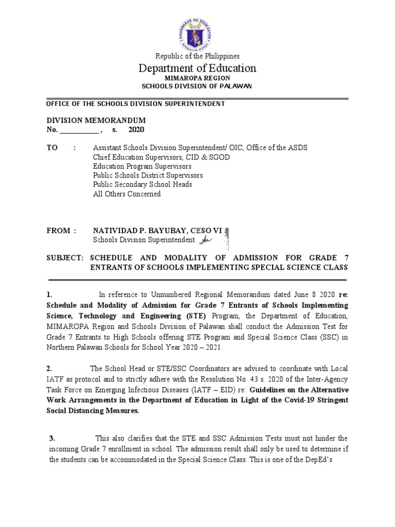 Memo SSC Admission Test For Approval | PDF | Test (Assessment) | Schools