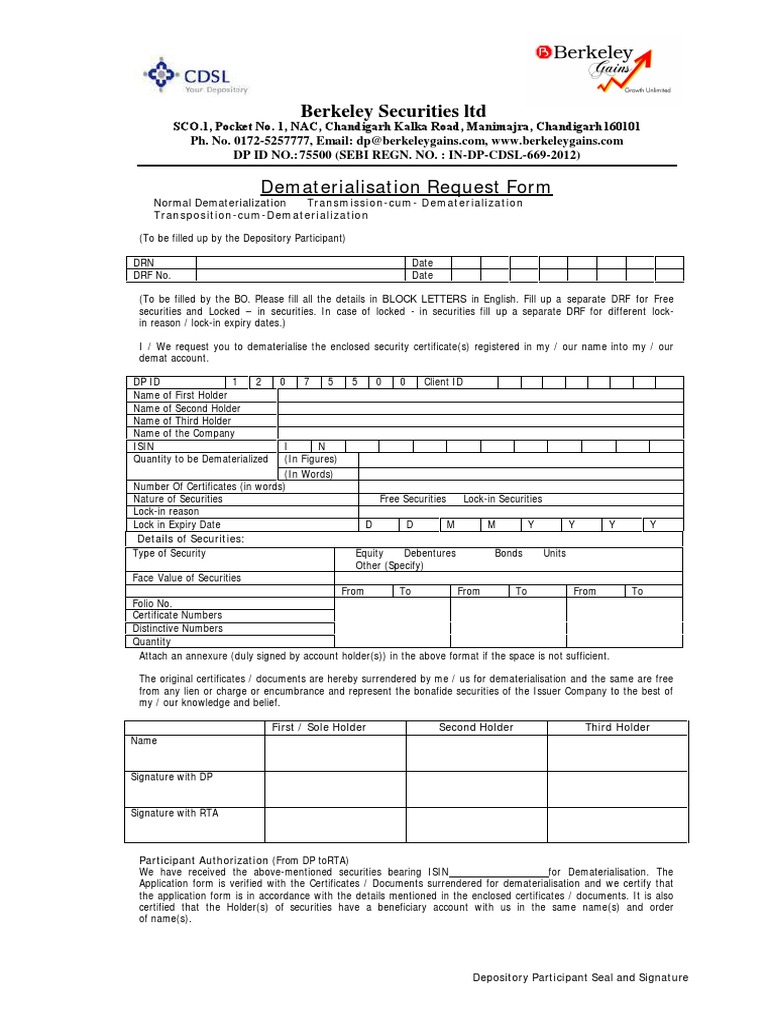 Berkeley Securities LTD: Dematerialisation Request Form | PDF ...