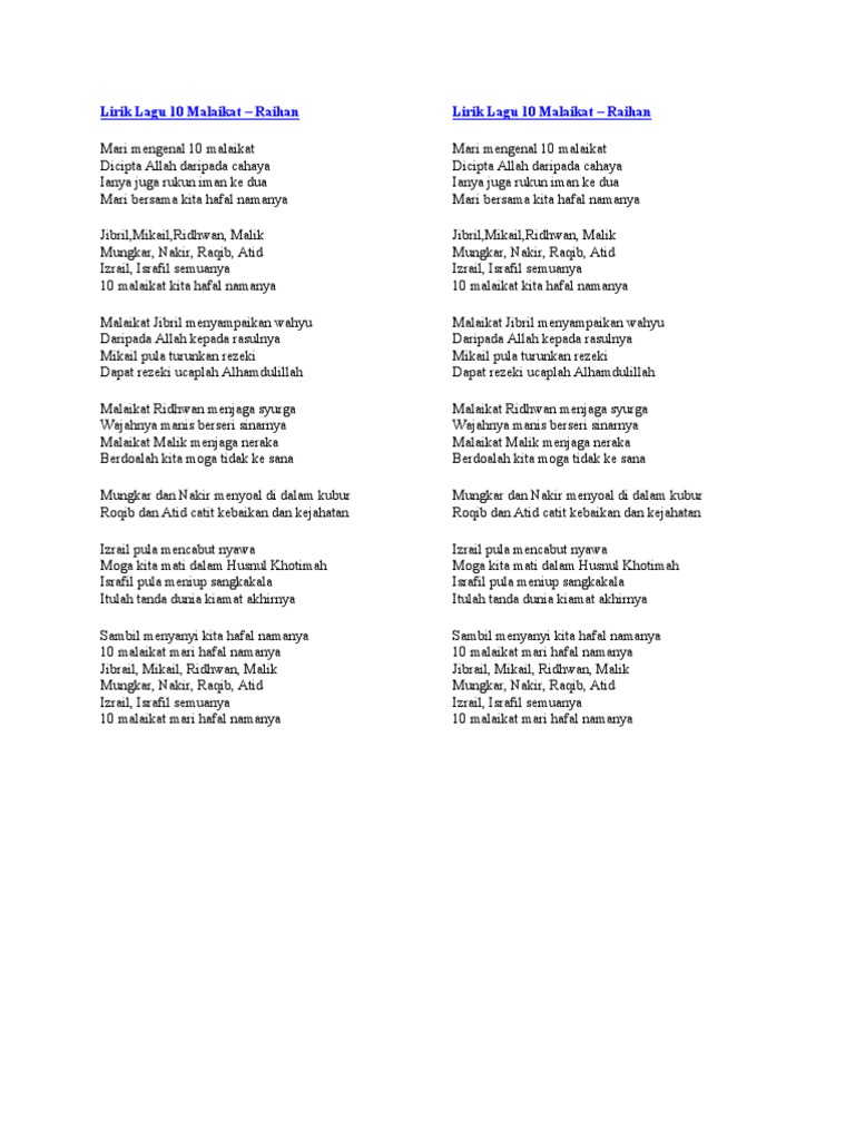 Lirik Lagu 10 Malaikat | PDF