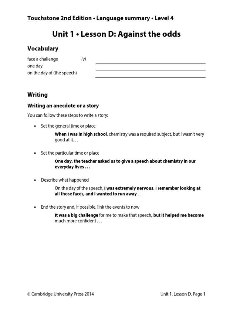 Unit 1 - Lesson D: Against The Odds: Touchstone 2nd Edition - Language Summary - Level 4 | PDF