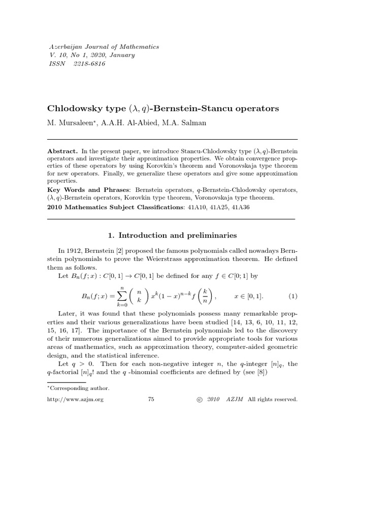 Chlodowsky Type λ Q Bernstein Stancu Operators Pdf Theorem Linear Map