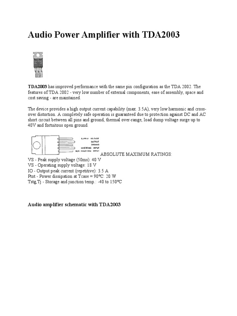 Audio Power Amplifier With TDA2003 | PDF
