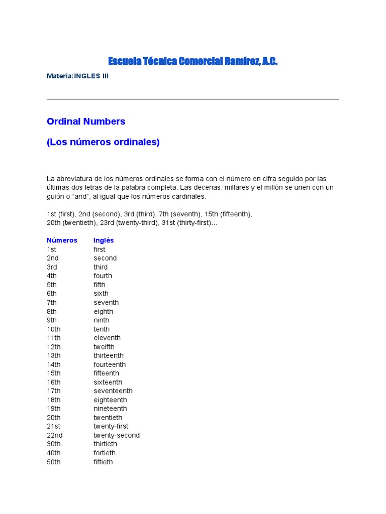 Ordinal Numbers in English: A Guide | PDF