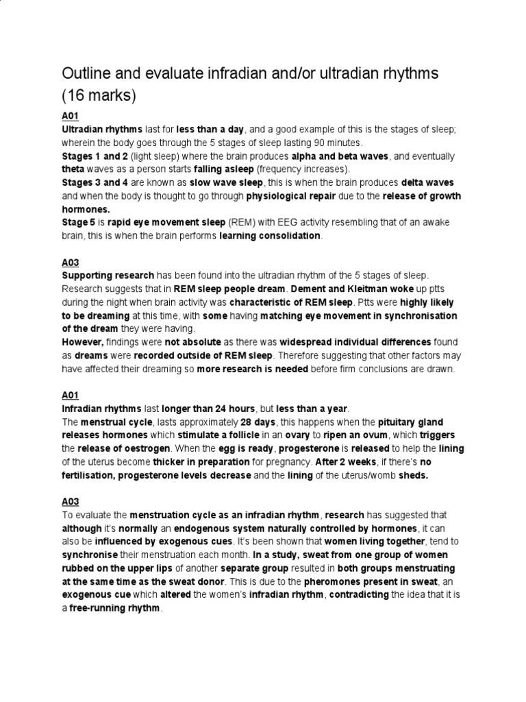 Outline and Evaluate Infradian And/or Ultradian Rhythms (16 Marks ...