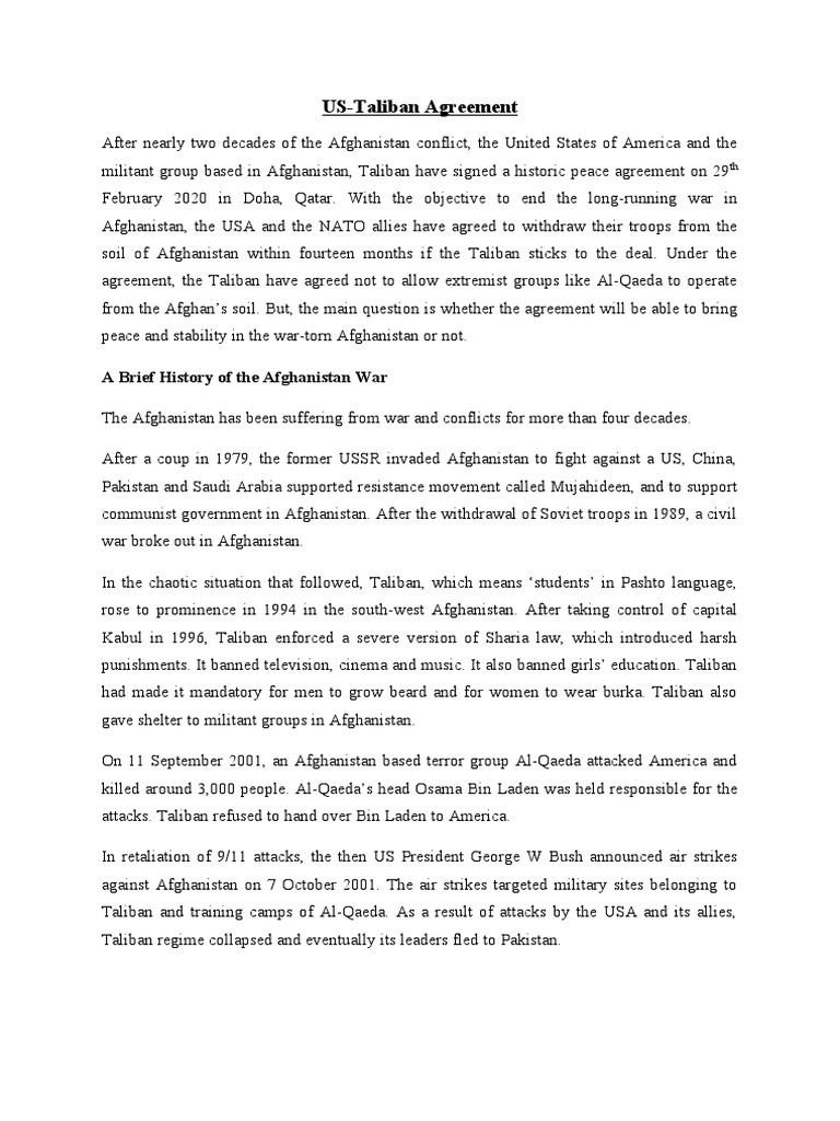 US-Taliban Agreement: A Brief History of The Afghanistan War | PDF ...