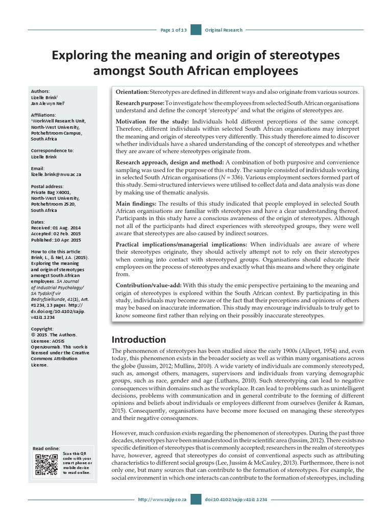 Exploring The Meaning and Origin of Stereotypes Amongst South African ...