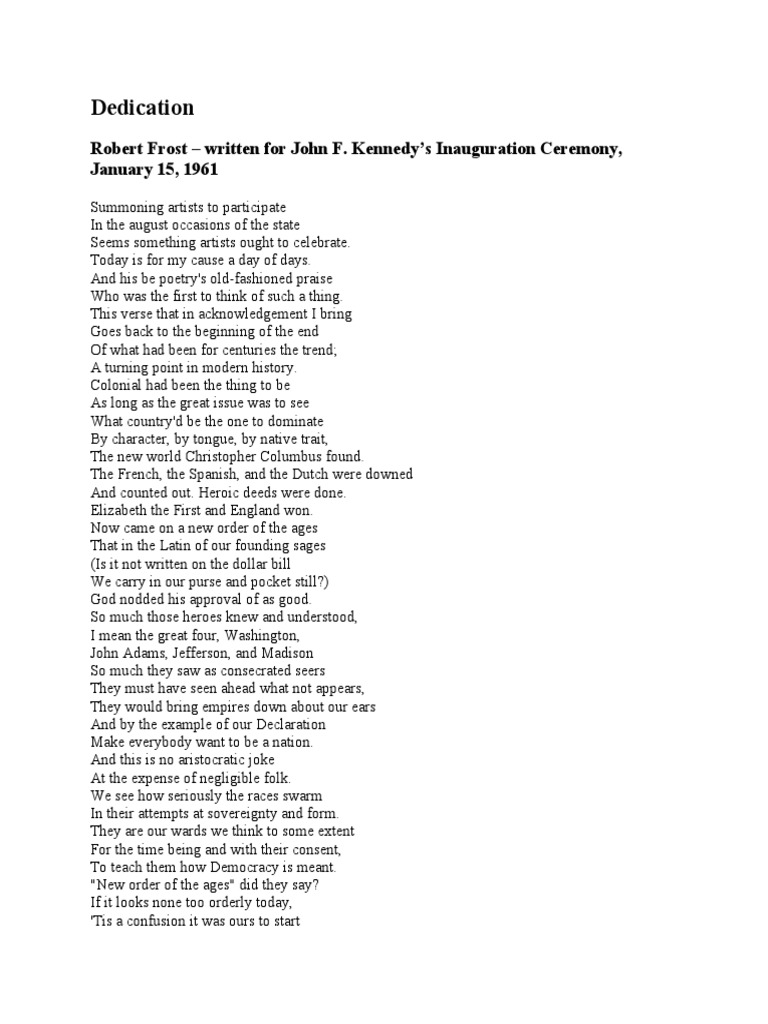 Dedication: Robert Frost - Written For John F. Kennedy's Inauguration ...