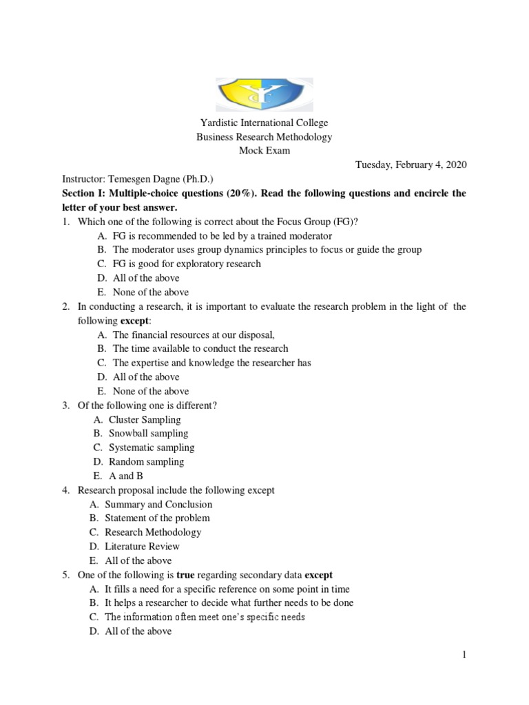 Section I: Multiple-Choice Questions (20%) - Read The Following ...