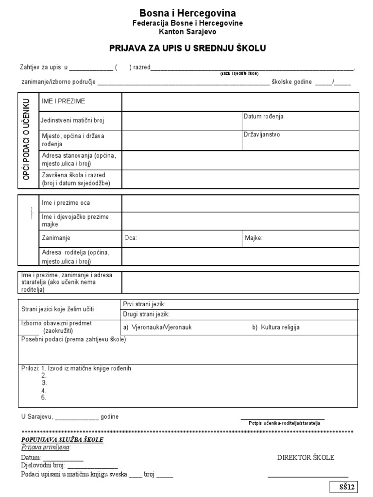 Prijava Za Upis Ii, Iii, Iv Razreda | PDF