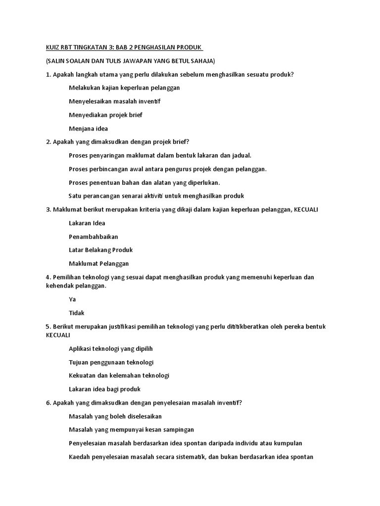 Kuiz RBT Tingkatan 3 Bab 2 Produk | PDF | Seni