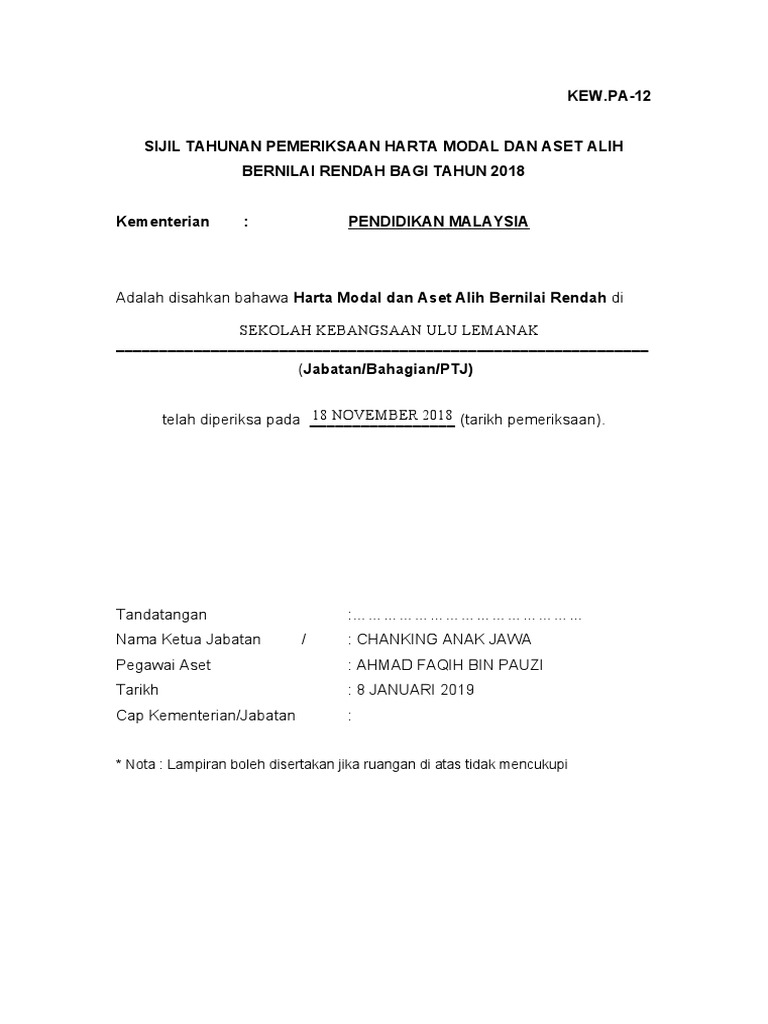 LAMPIRAN KEW - PA-12 (Sijil Tahunan Pemeriksaan Harta Modal Dan AABR) | PDF