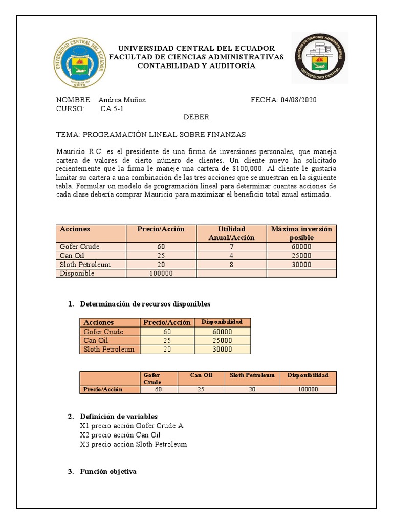 Deber de Programación Lineal Sobre Finanzas | PDF