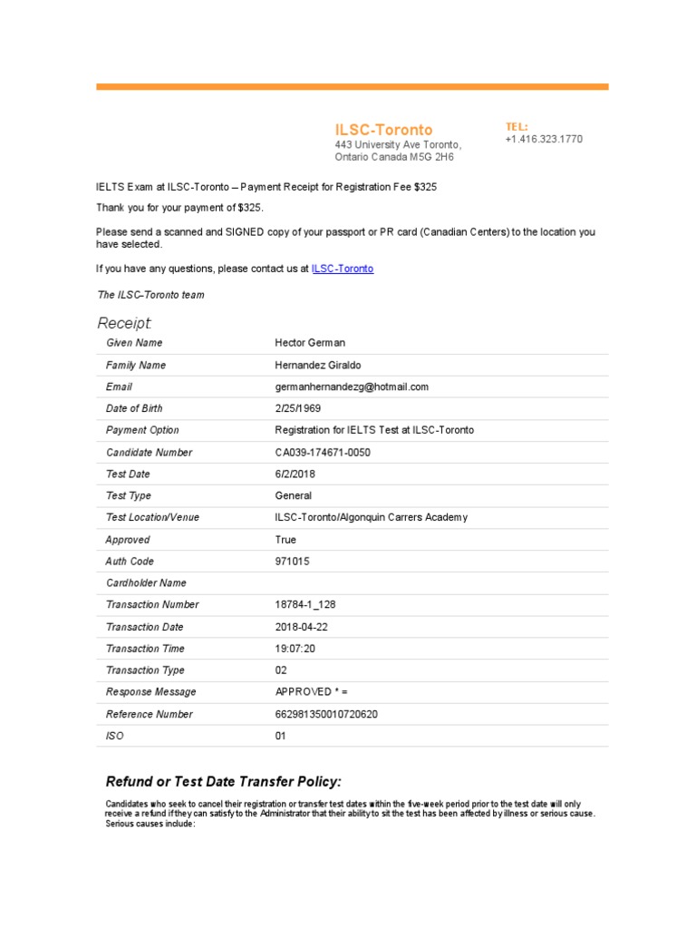 IELTS Payment Receipt | PDF | International English Language Testing ...