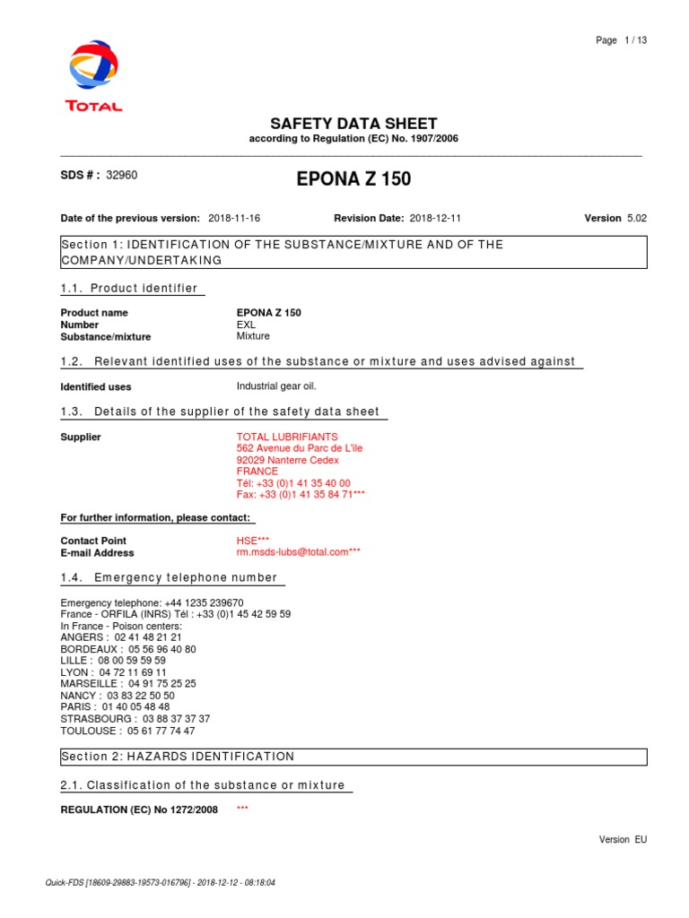 Epona Z 150 Safety Data Sheet | PDF | Personal Protective Equipment ...