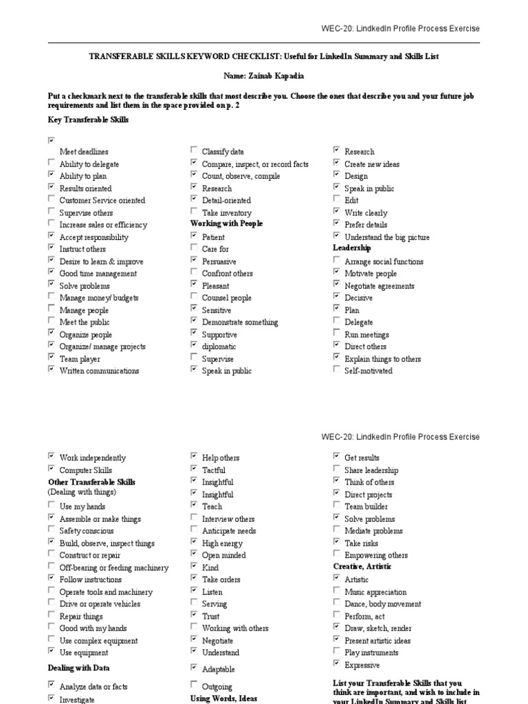 Transferable Skills Checklist | PDF | Linked In | Leadership
