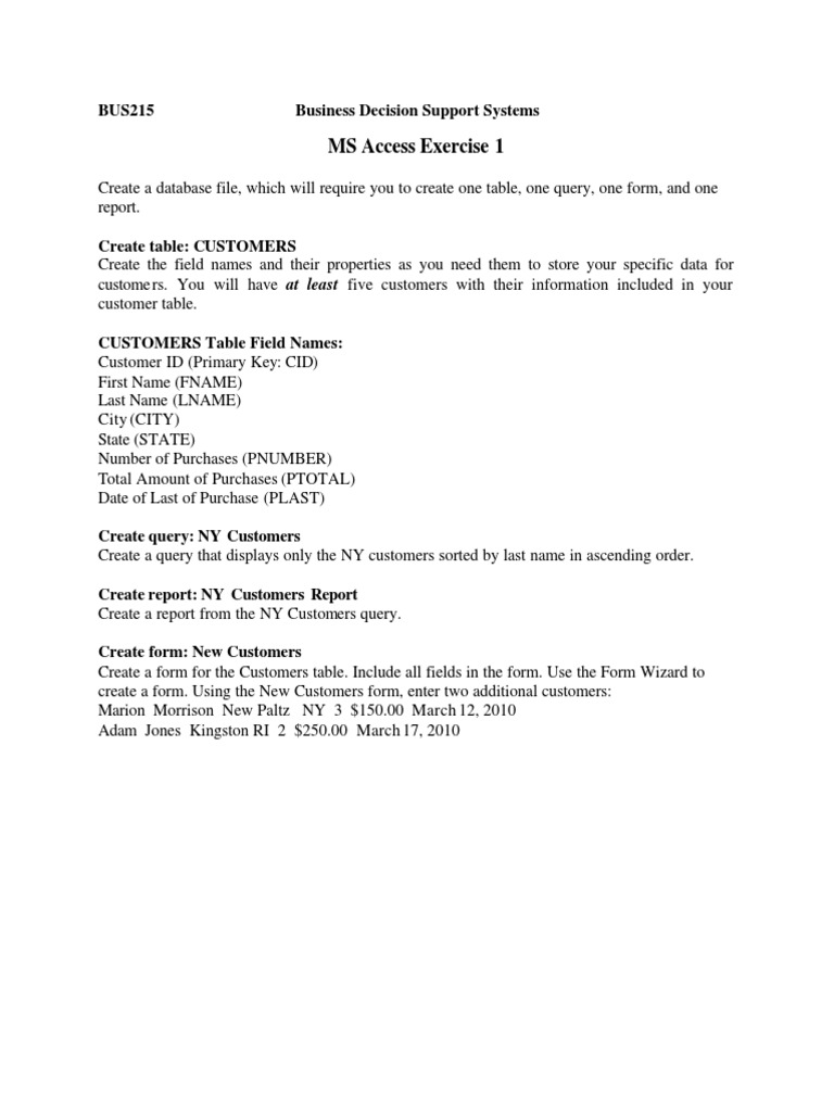 MS Access Exercise 1: BUS215 Business Decision Support Systems | PDF