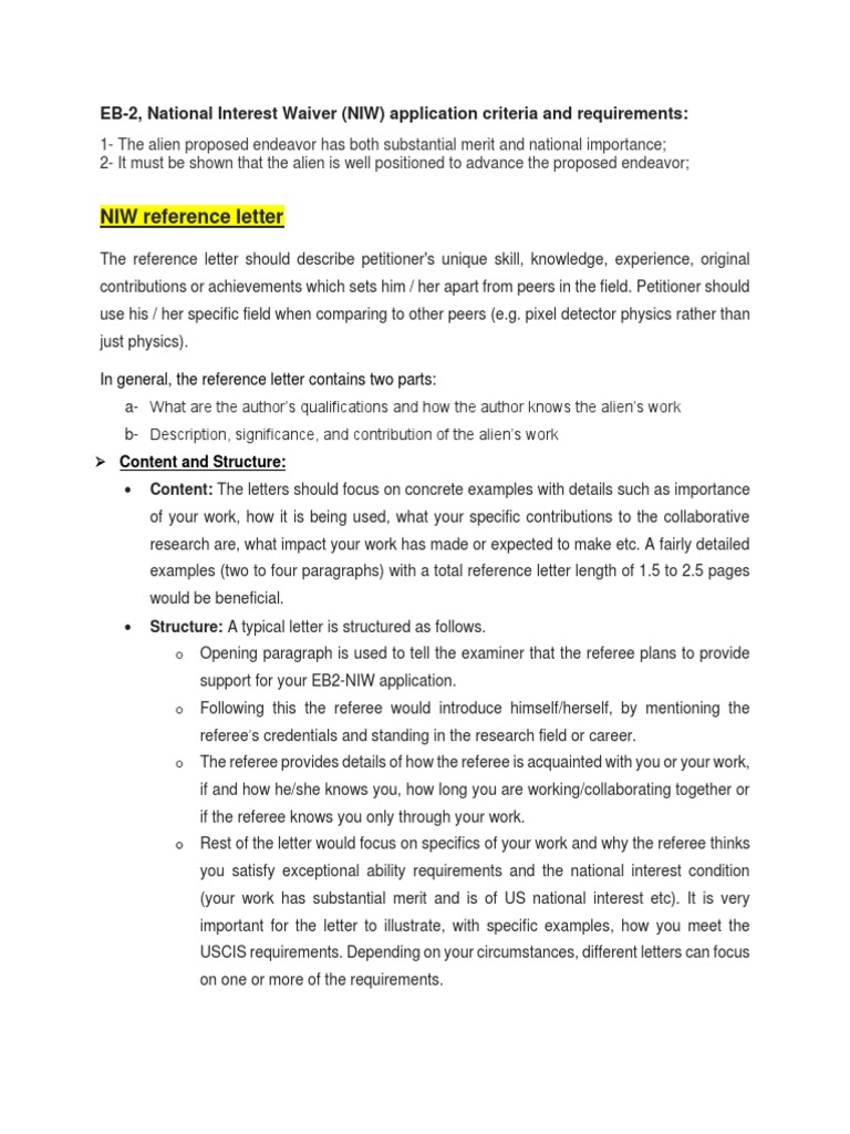 NIW Reference Letter: EB-2, National Interest Waiver (NIW) Application ...