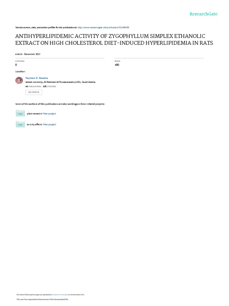 Antihyperlipidemic Activity of Zygophyllum Simplex Ethanolic Extract On ...