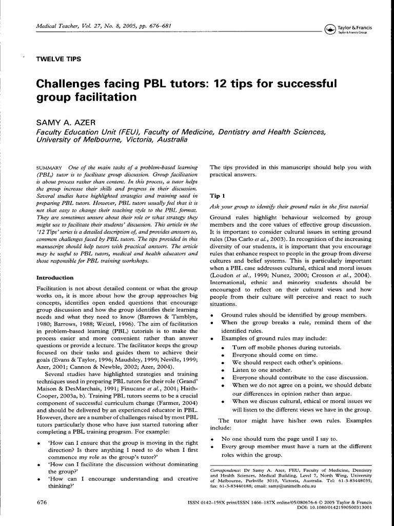 Challenges Facing PBL Tutors: 12 Tips For Successful Group Facilitation ... Challenges Facing PBL Tutors: 12 Tips For Successful Group Facilitation ...