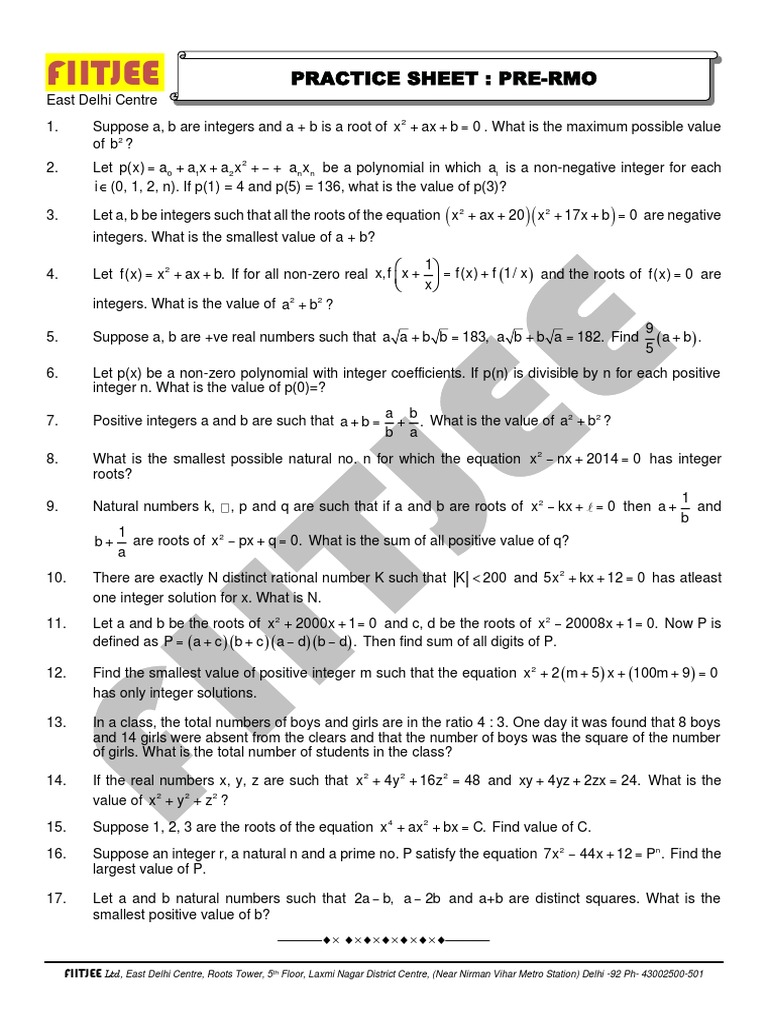 Pre-Rmo - Practice Sheet-Msb | PDF | Zero Of A Function | Polynomial
