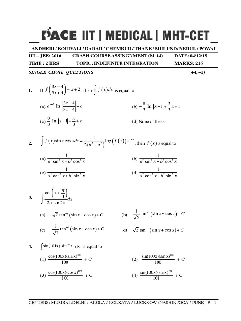 IIT JEE 2016 Indefinite Integration Assignment | PDF | Quadratic Equation | Numbers