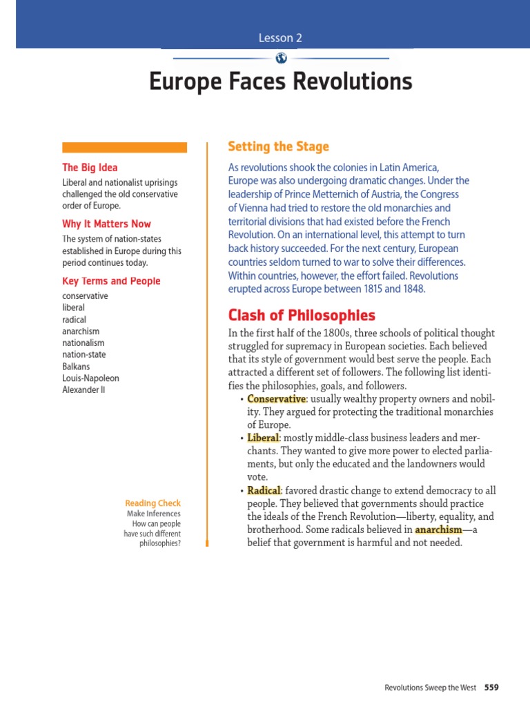 Lesson 2 Europe Faces Revolutions | PDF | Nationalism | Russian Empire