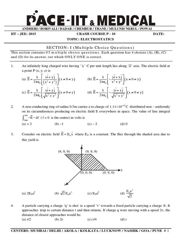 P-10, Crash Course Assignment (Electrostatics) | PDF | Electric Field | Sphere