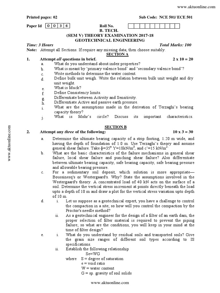Geotechnical Engineering NCE-501 2017-18 | PDF | Soil Mechanics | Landscape