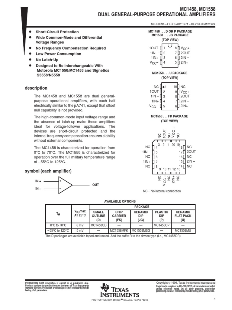 D D D D D D: MC1458, MC1558 Dual General-Purpose Operational Amplifiers ...