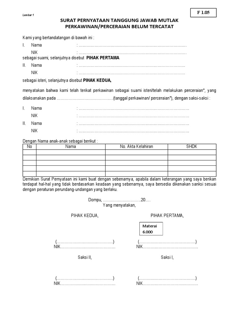 Surat Pernyataan Tanggung Jawab F105 | PDF | Hukum