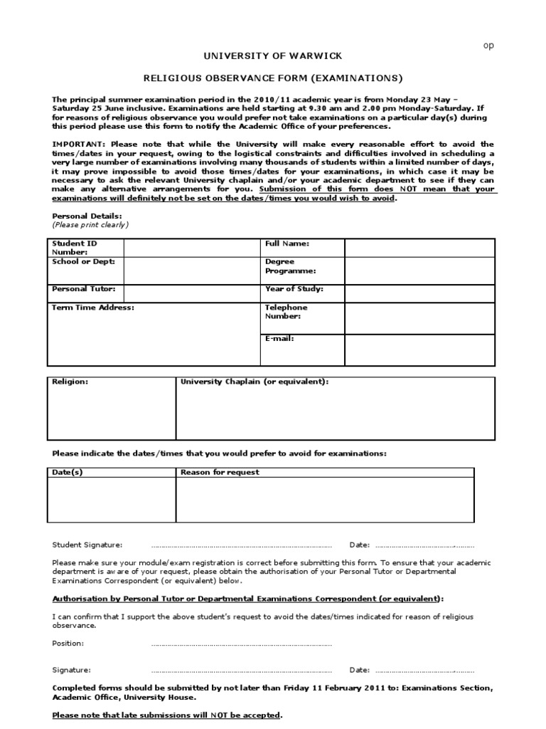 Religious Observance Form 10-11 | PDF