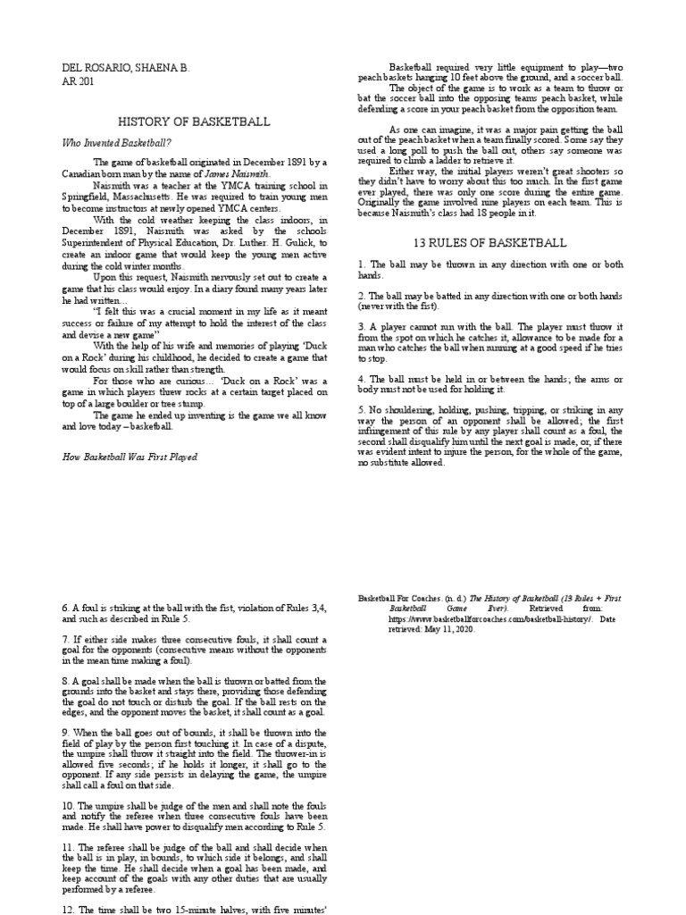 Basketball's Origin & Early Rules | PDF | Referee | Games Of Physical Skill