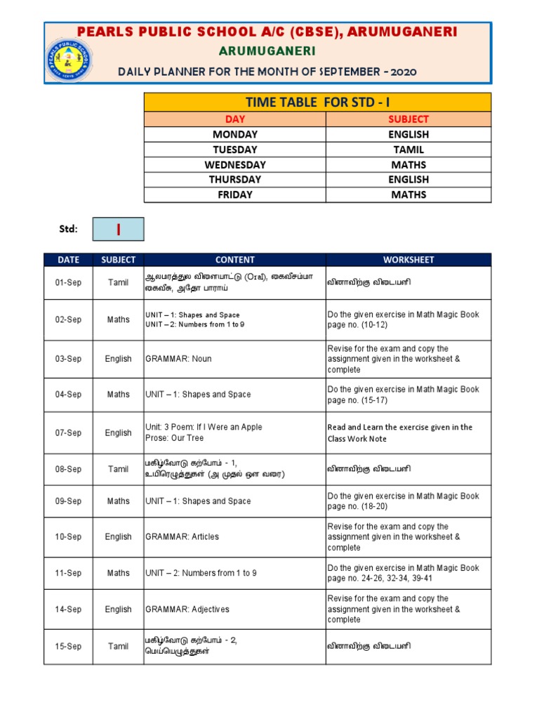 September Daily Planner for Std I | PDF | English Grammar | Cognitive ...