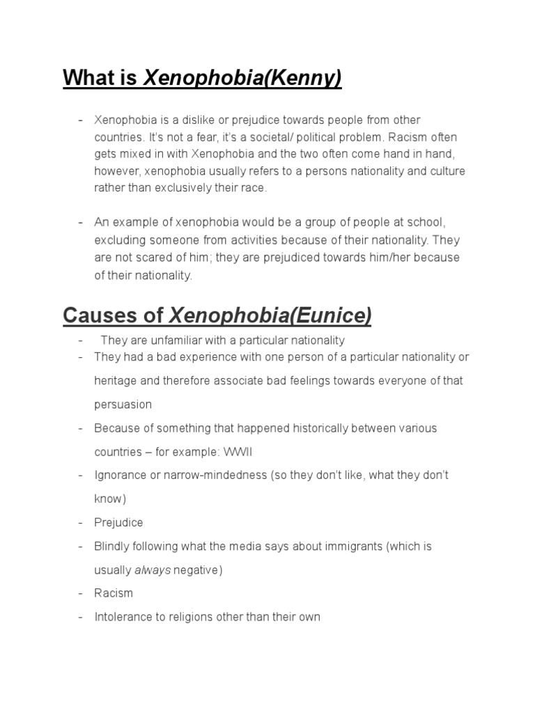 What Is Xenophobia (Kenny) : Causes of Xenophobia (Eunice) | PDF