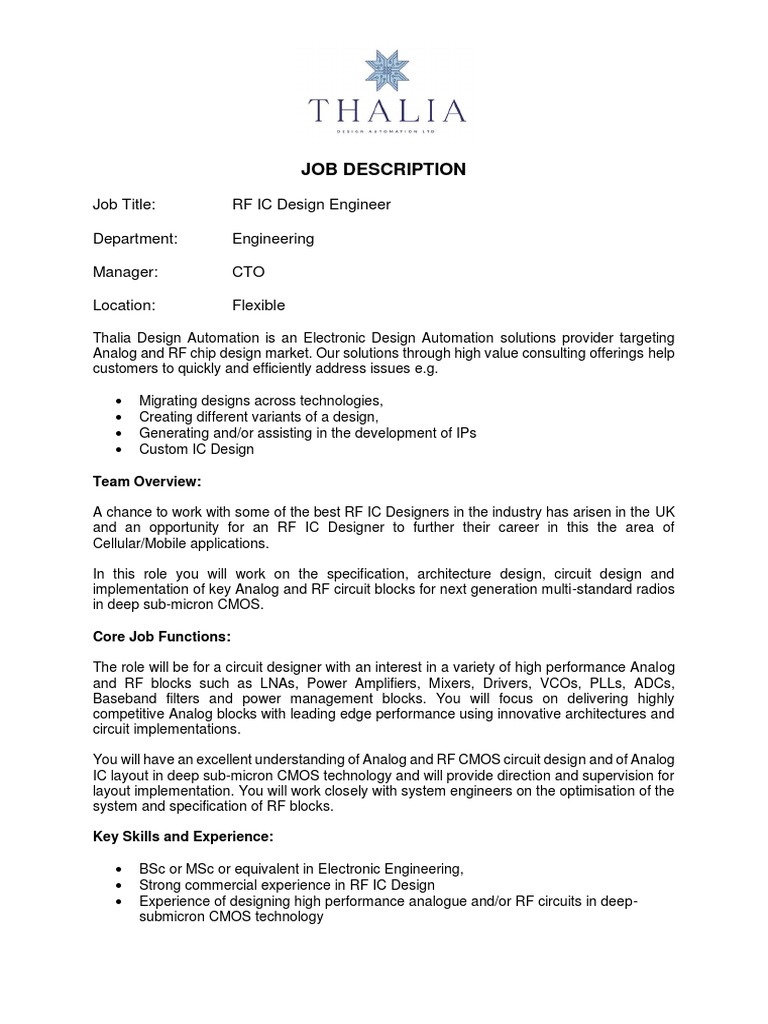Job Description: Job Title: RF IC Design Engineer Department ...