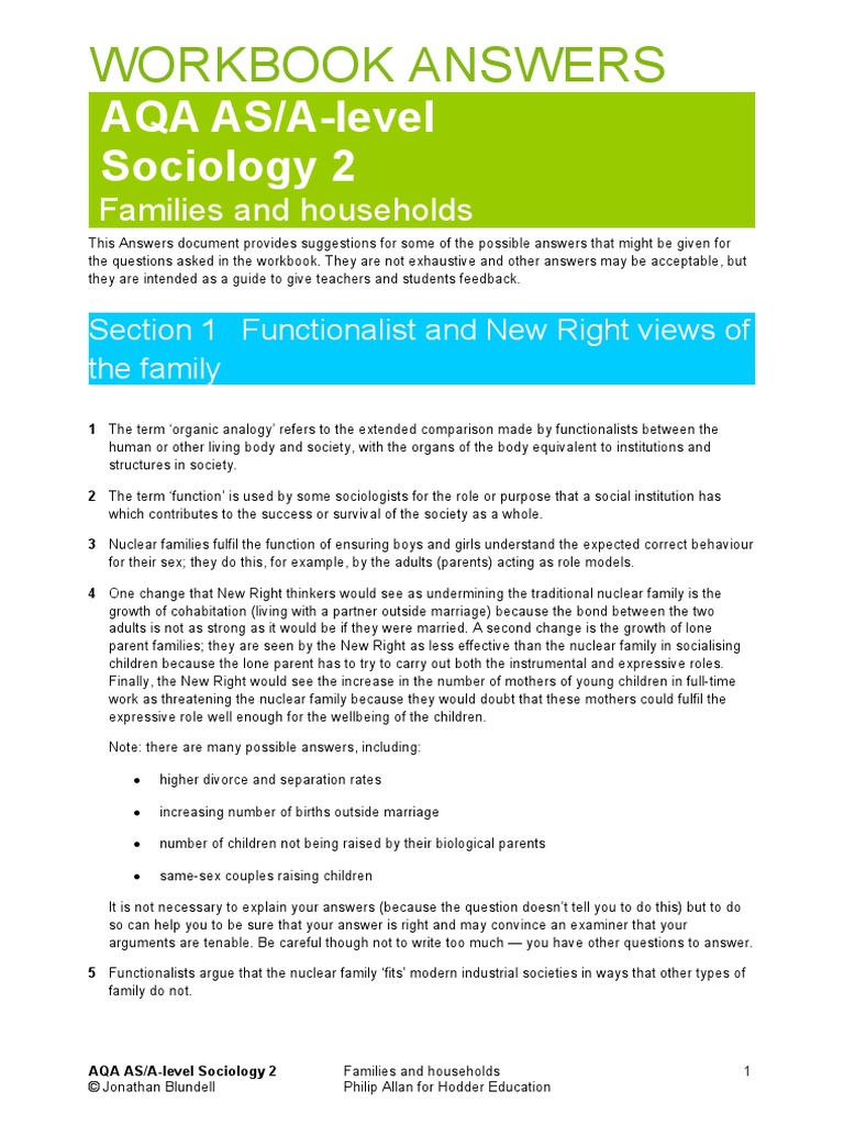 Workbook Answers: AQA AS/A-level Sociology 2 | PDF | Family | Divorce