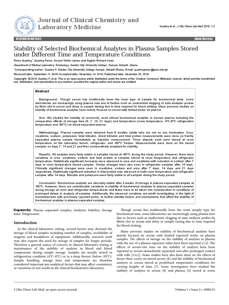 Stability of Selected Biochemical Analytes in Plasma Samples Stored ...