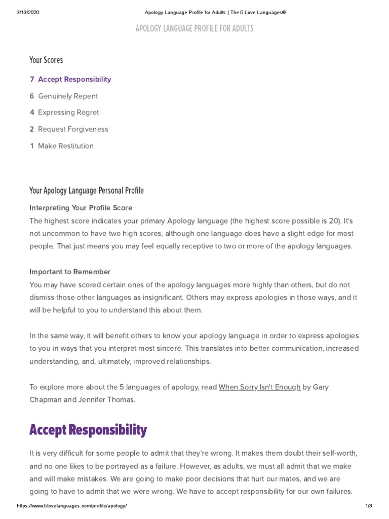 Apology Language Profile For Adults - The 5 Love Languages® | PDF ...