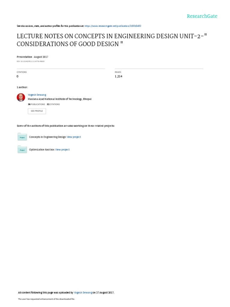 Lecture Notes On Concepts in Engineering Design Unit-2-" Considerations ...