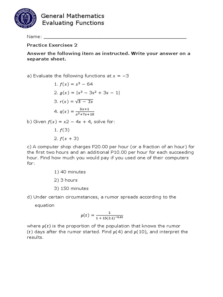 Practice Exercises 2 - Evaluation of Functions | PDF