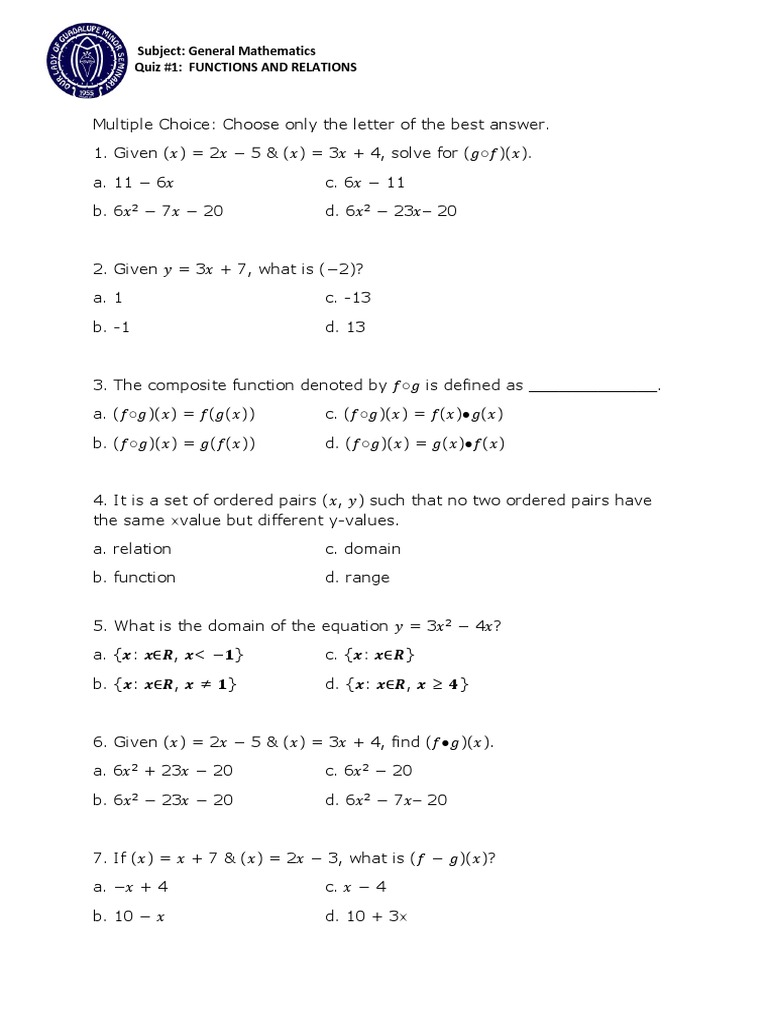 Quiz 1 Functions And Relations Pdf Function Mathematics Division Mathematics
