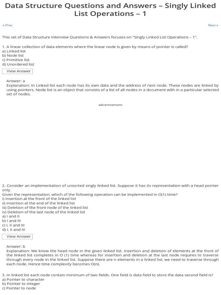 Singly Linked Lists Interview Questions and Answers - Sanfoundry PDF | PDF | Theoretical ...